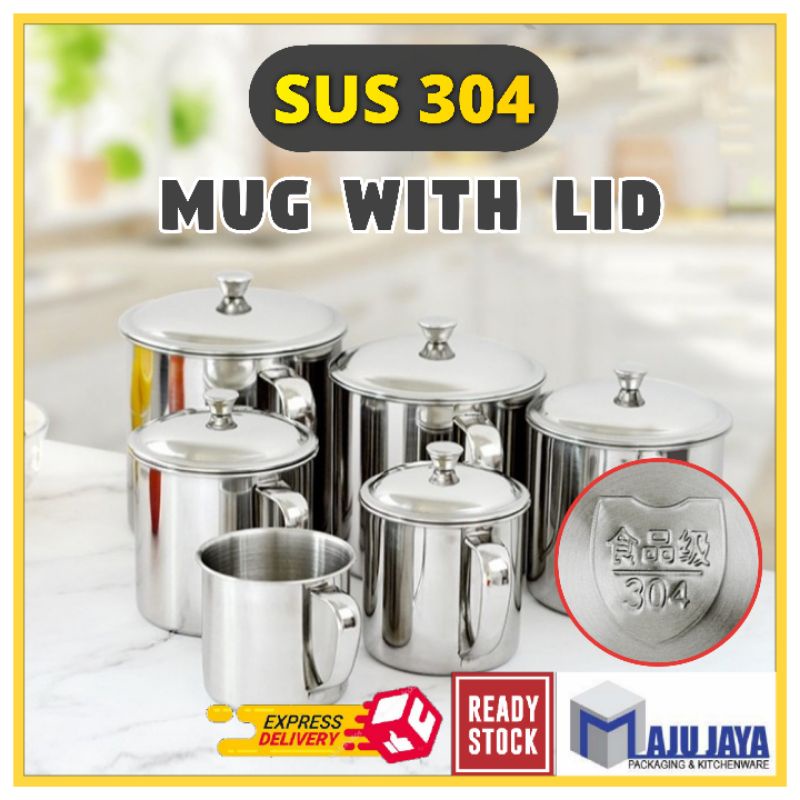 SUS 304 Stainless Steel Cup Mug Coffee Tea with Lid Cover Cawan Kole ...