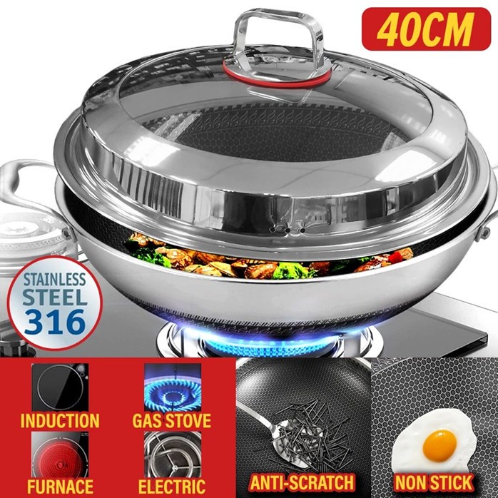 KATA Double Sided Honeycomb Wok 40cm Double Ear Handhold 316 Stainless ...