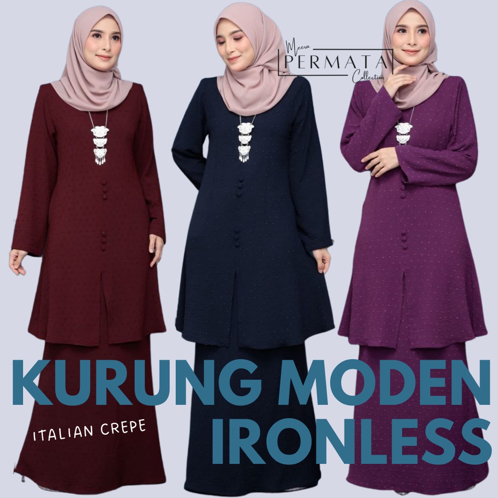 Baju Kurung Moden Ironless Material Crepe Potongan Longgar Raya Tak Payah Gosok | Shopee Malaysia