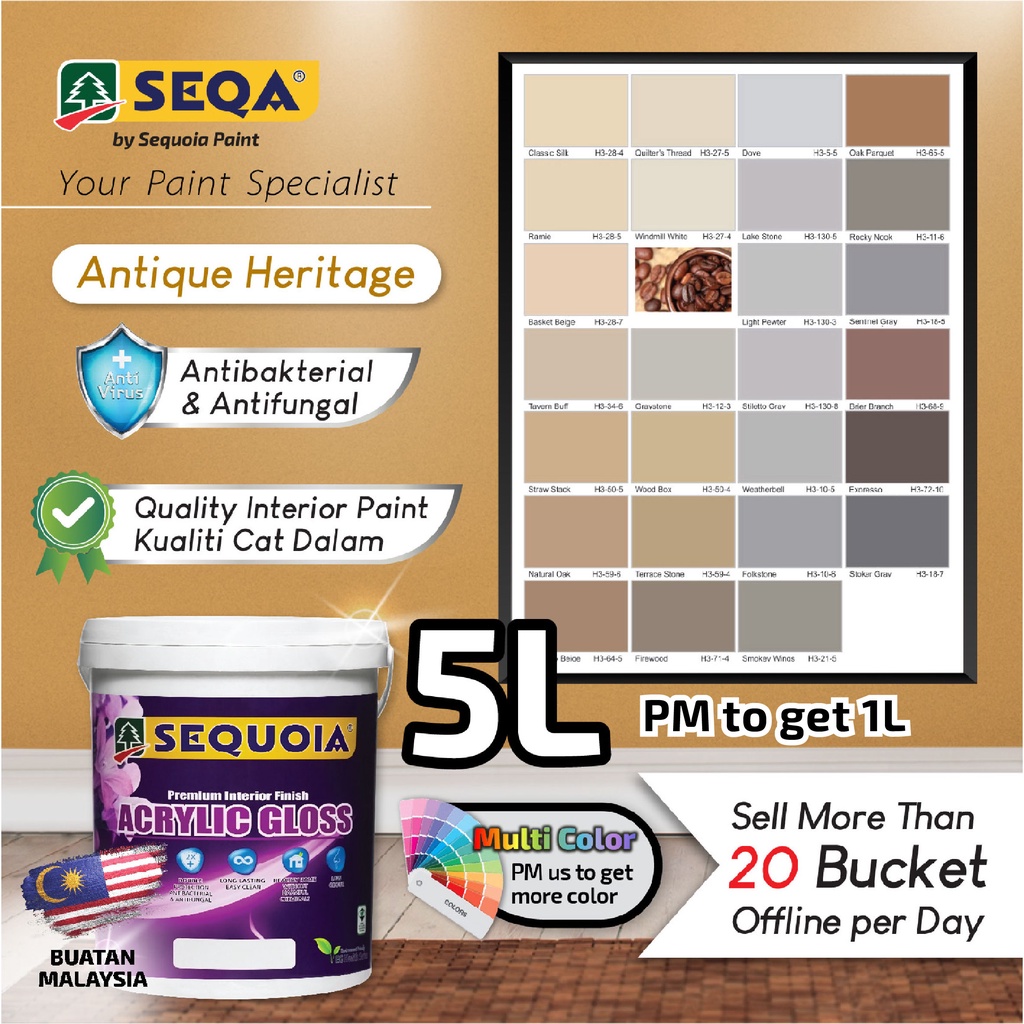 ( Grey / Kelabu ) 5L 💥Sequoia Acrylic Interior Gloss 💢 Cat Kilat ...