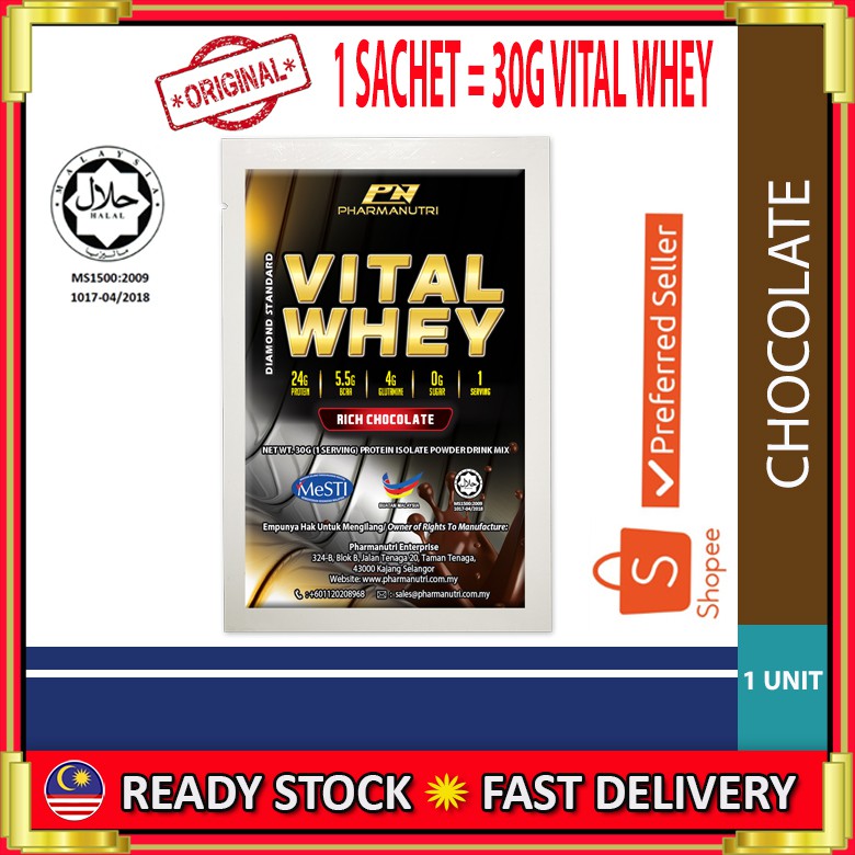 Vital Whey Isolate Jakim Halal Sachet (Chocolate) (30g), 24g Protein Isolate 0g Sugar BCAA ...