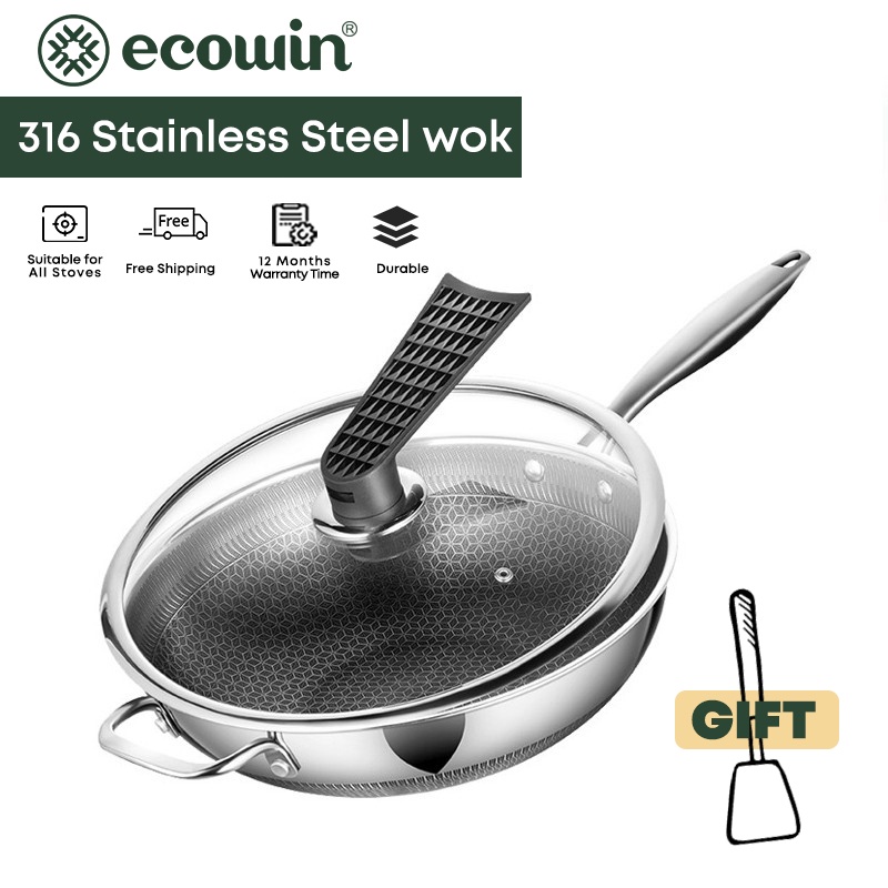 Ecowin 316 Medical Stainless Steel Non stick Honey Comb Wok Double Frying Grill Pan (28/30/32cm ...