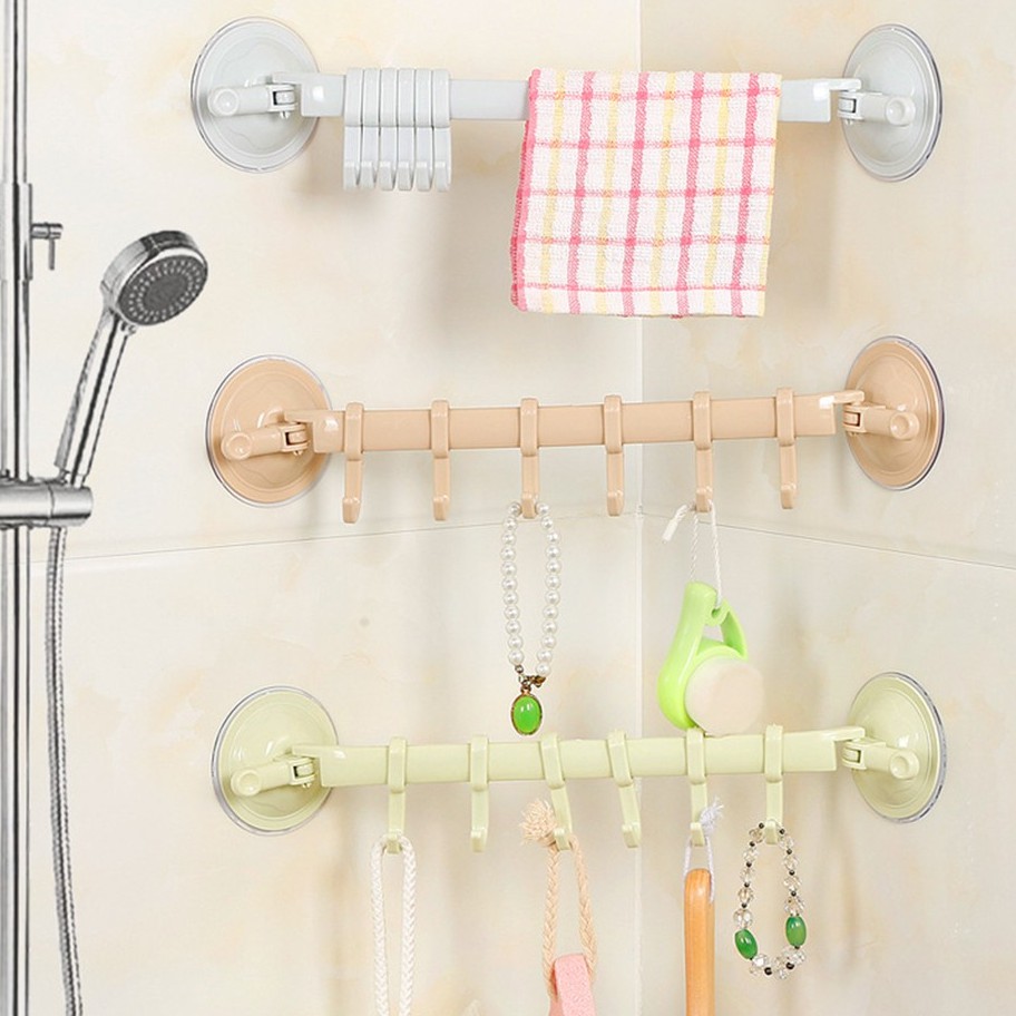Home Bathroom Suction Cup Towel Bar Removeable Shower Rod 6 Hooks ...