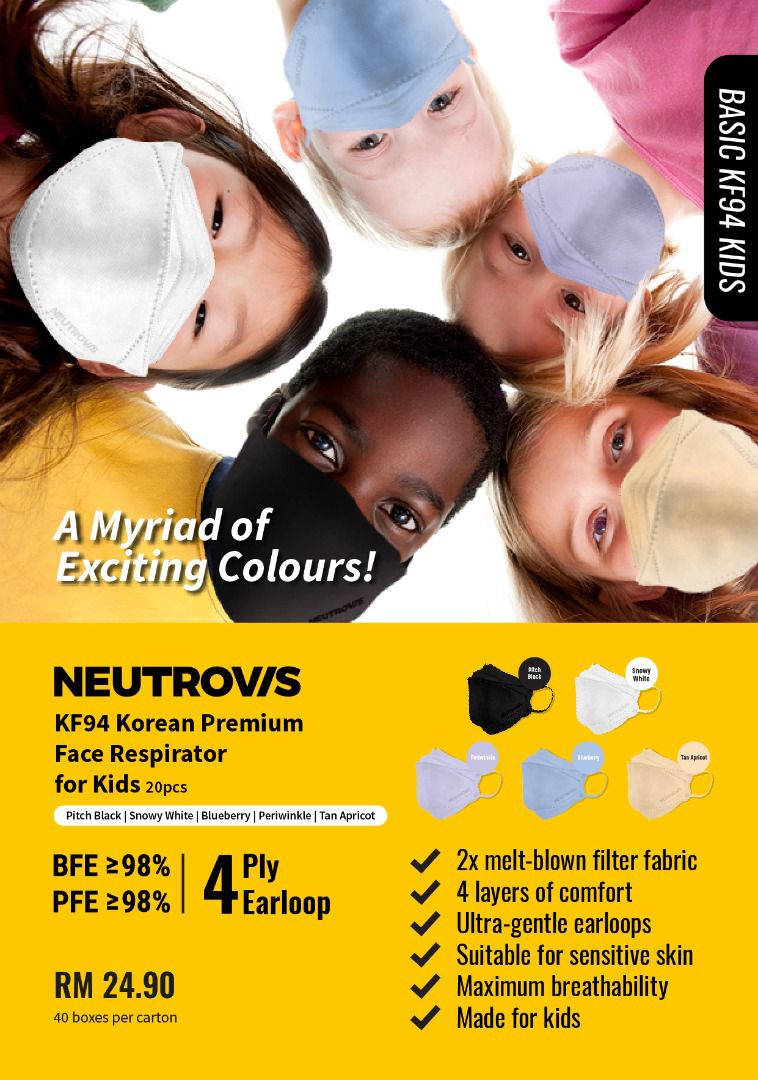 KF94 NEUTROVIS 4-PLY KIDS FACE MASK (20PCS) - YELLOW/ PINK/ BLACK ...