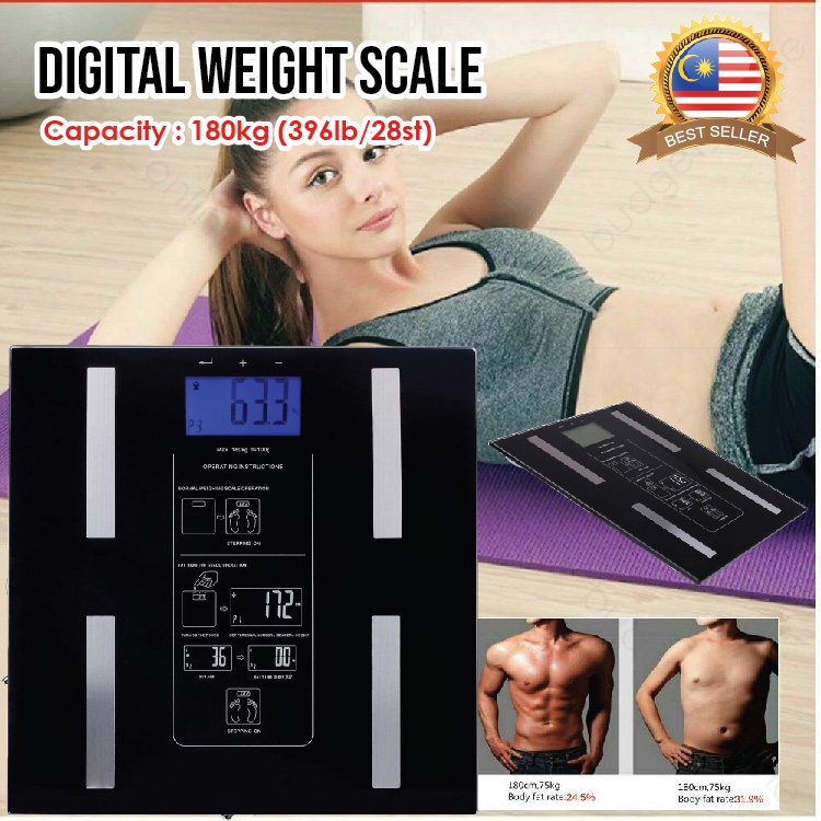 MAX 180KG Digital Glass Body Weight Scale Healthy BMI Body Fat Analyser ...