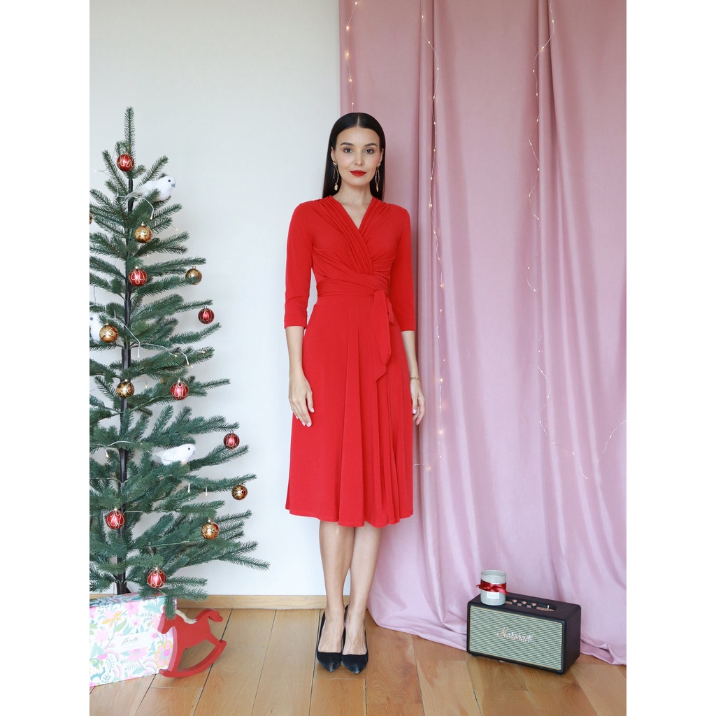 Eclipse Faux Wrap Dress (Red) | Shopee Malaysia