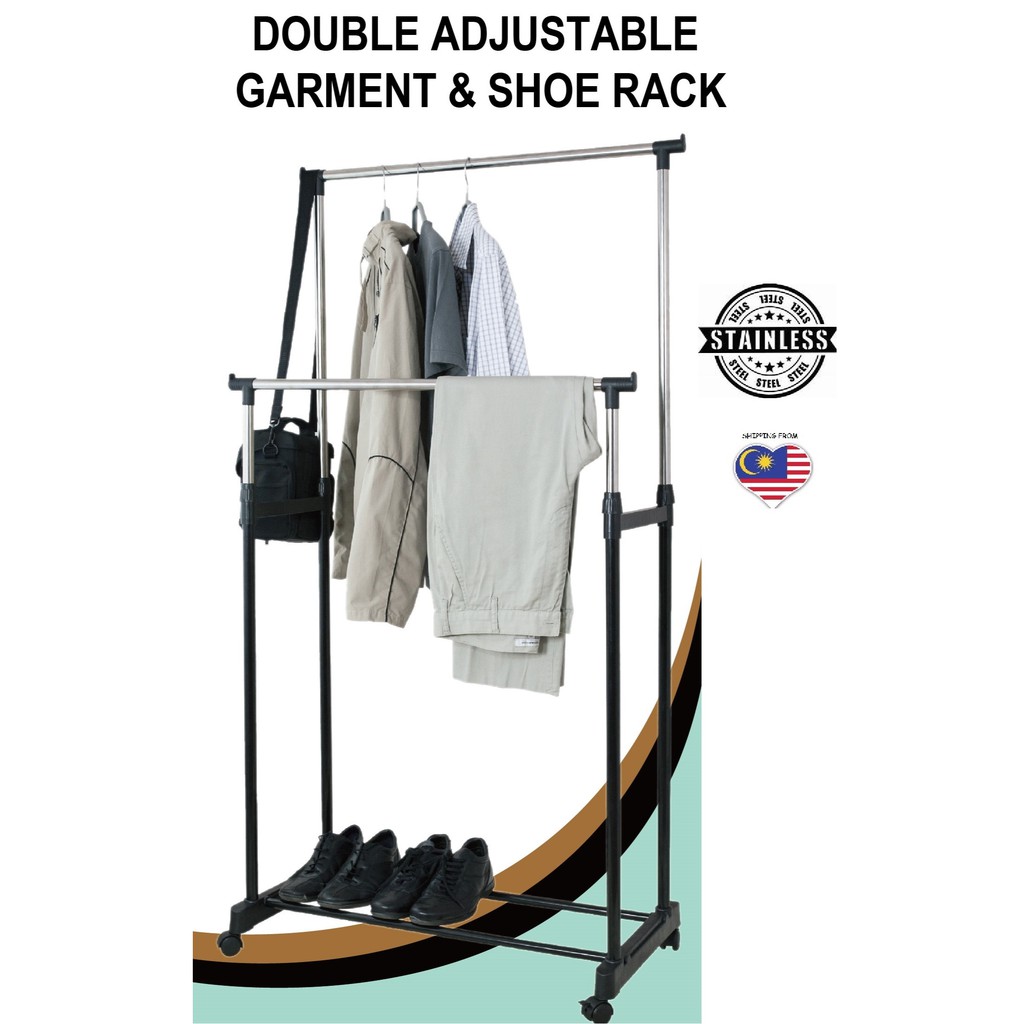 Stainless Steel Height Adjustable Double Garment Rack | Shopee Malaysia