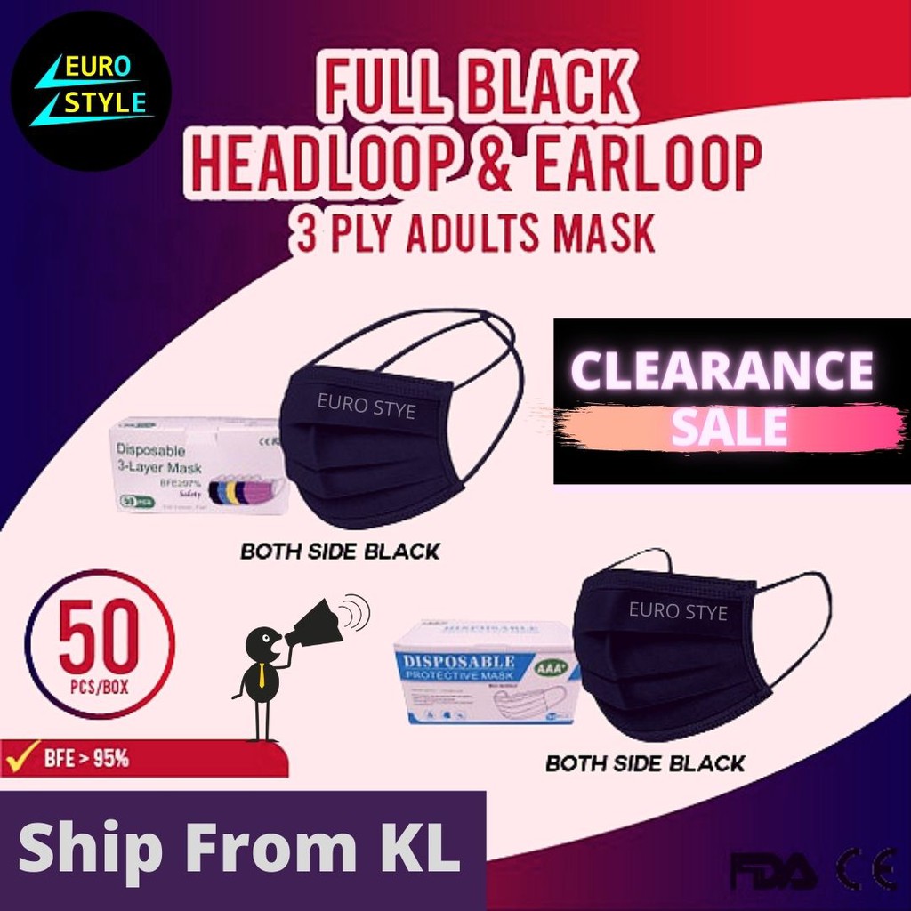 【FULL BLACK EARLOOP & HEADLOOP MASK】Ready Stock @KL 50pcs Adult ...