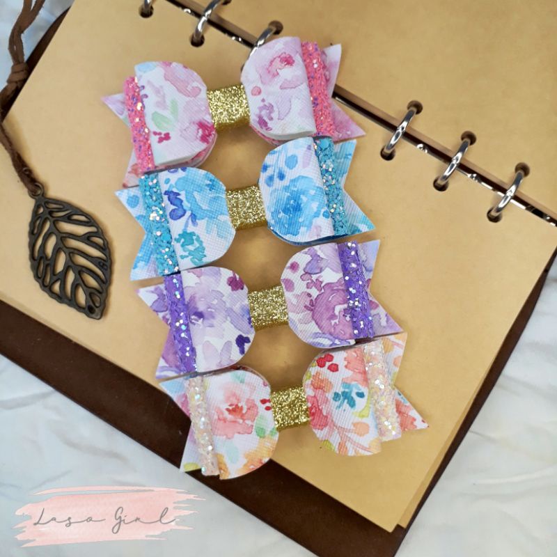 Clementine in Watercolor Floral Hair Bow - Laso Girl Leather Ribbon ...