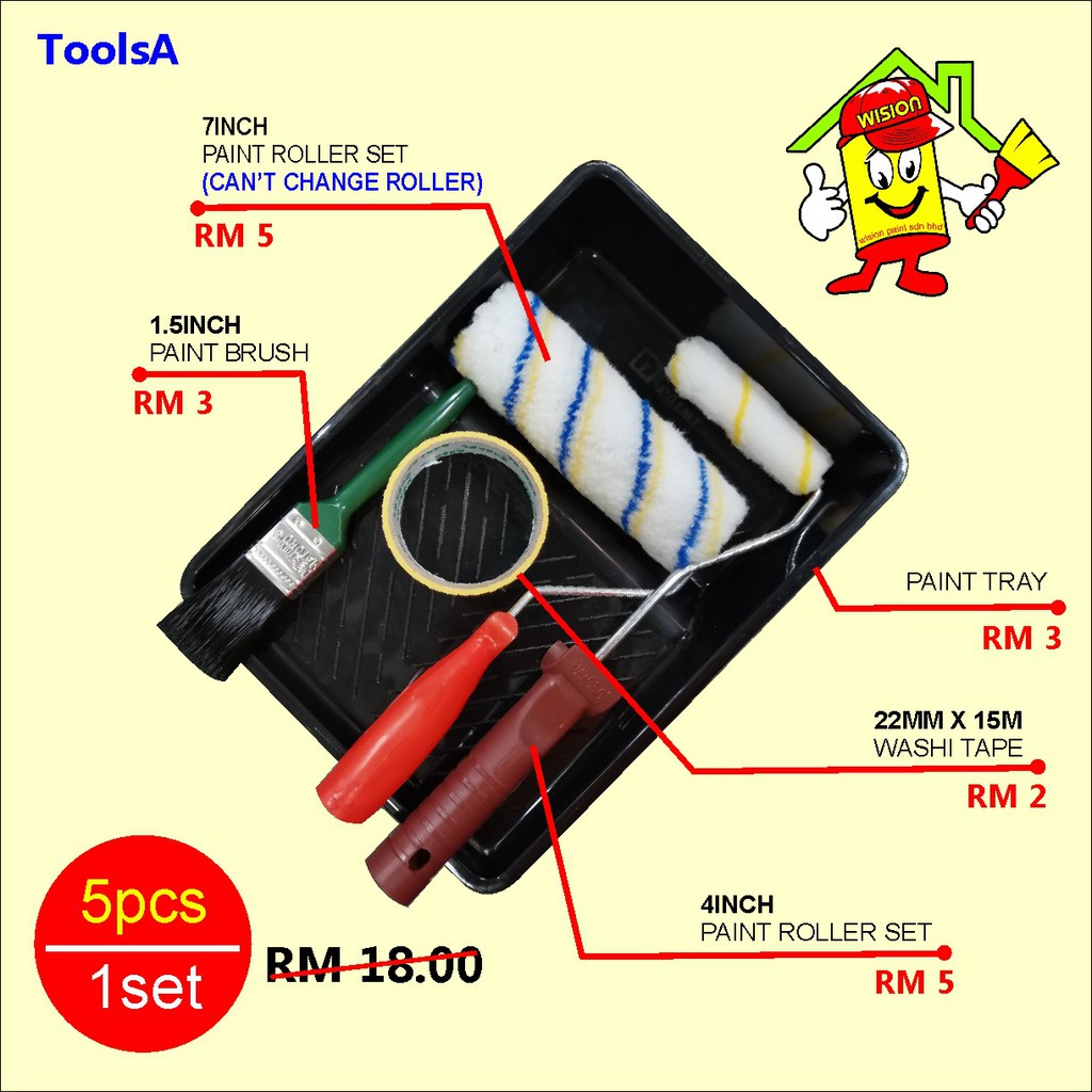 5PCS / SET WALL PAINTING COMBO ROLLER BRUSH TOOLS KITS / ALAT MENGECAT ...