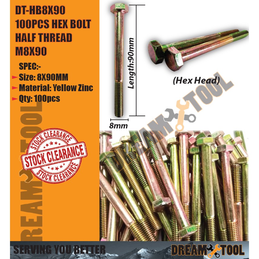 * CLEAR STOCK* DT-HB8X90 100pcs Hex Bolt Half Thread M8 X 90mm *CLEAR ...