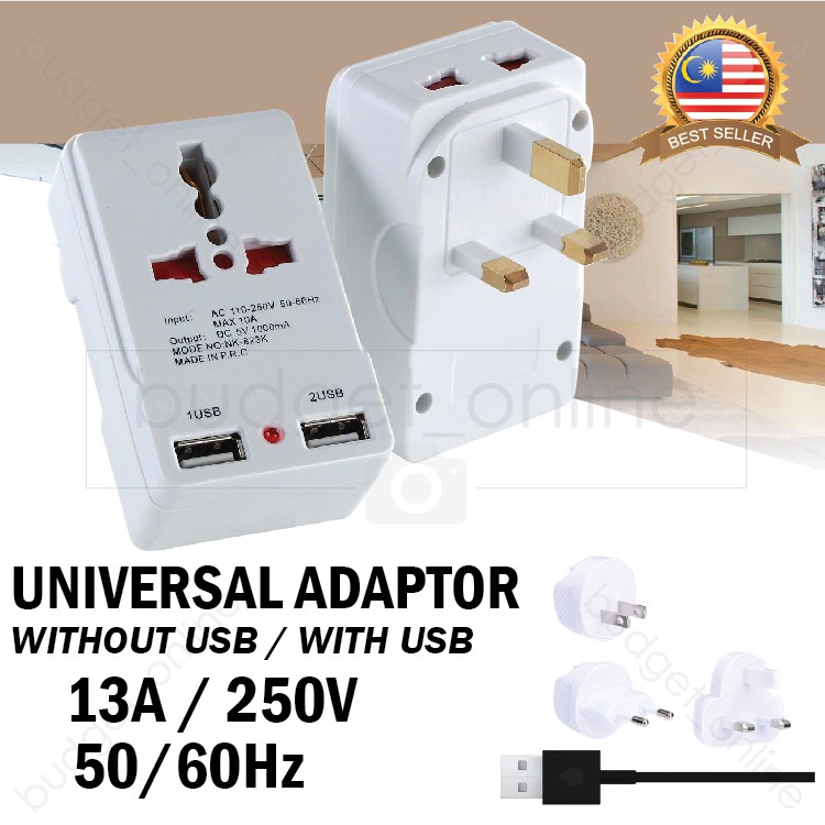 Universal Socket 3Pin Plug Adaptor Travel Adapter USB/Non USB Charging ...