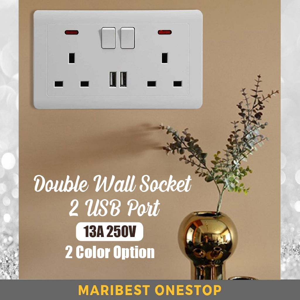 2 Gang Double 3 Pin Wall Socket Switch 13A Dual USB Port AC / DC Power ...