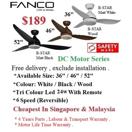 FANCO B-STAR DC Motor Ceiling Fan with 3 Tone LED Light Kit and Remote ...