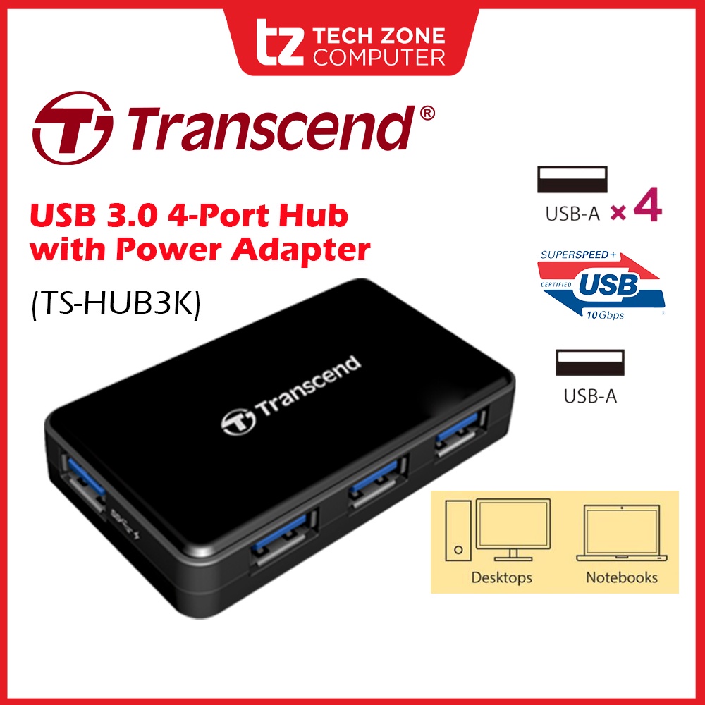 Transcend USB 3.0 4-Port Hub with Power Adapter (TS-HUB3K) | Shopee ...