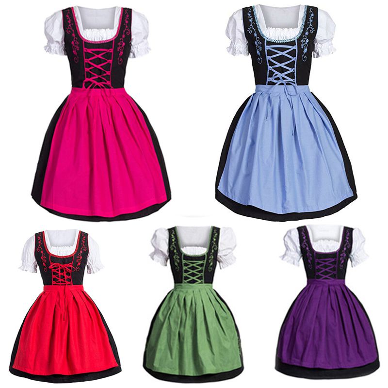 Traditional Bavarian Oktoberfest Costumes Plaid Dirndl Dresses Women