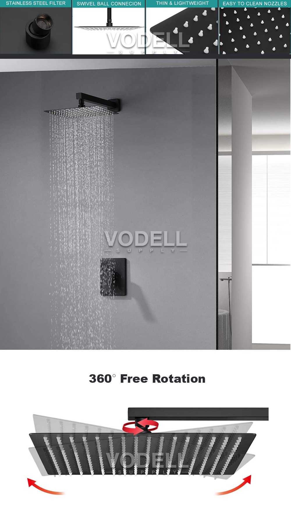 VODELL Stainless Steel Shower Head Rainfall Set High Pressure Kepala ...