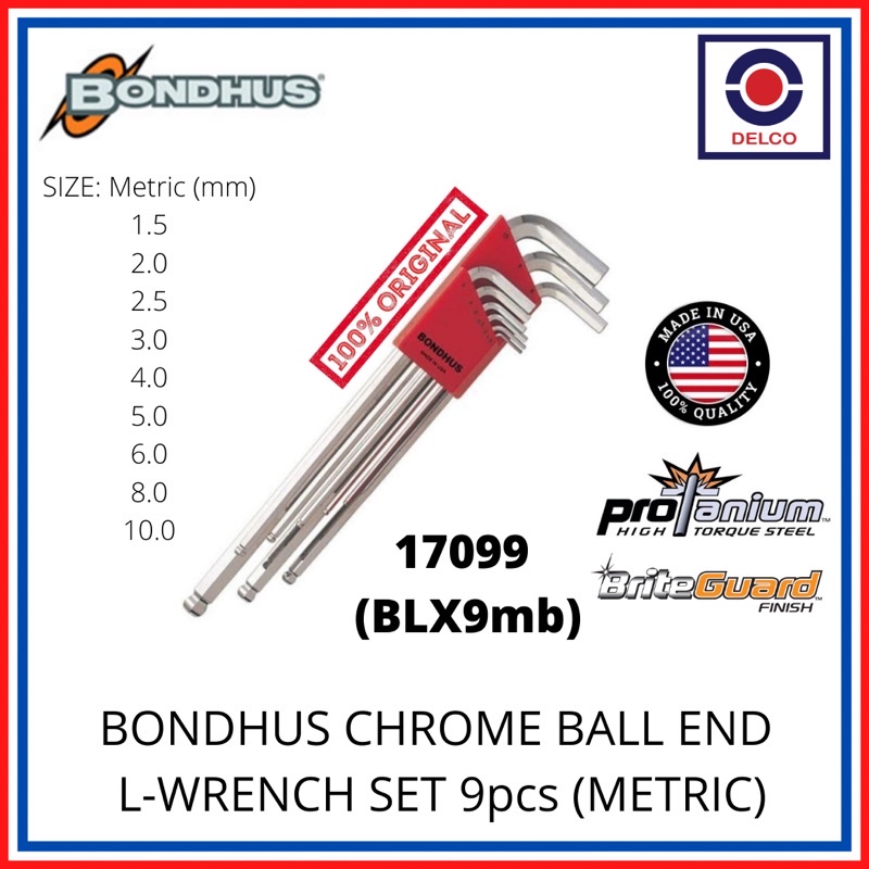 BONDHUS CHROME BALL END L-WRENCH SET 17099 (BLX9mb) 17046 (BLX6mb ...