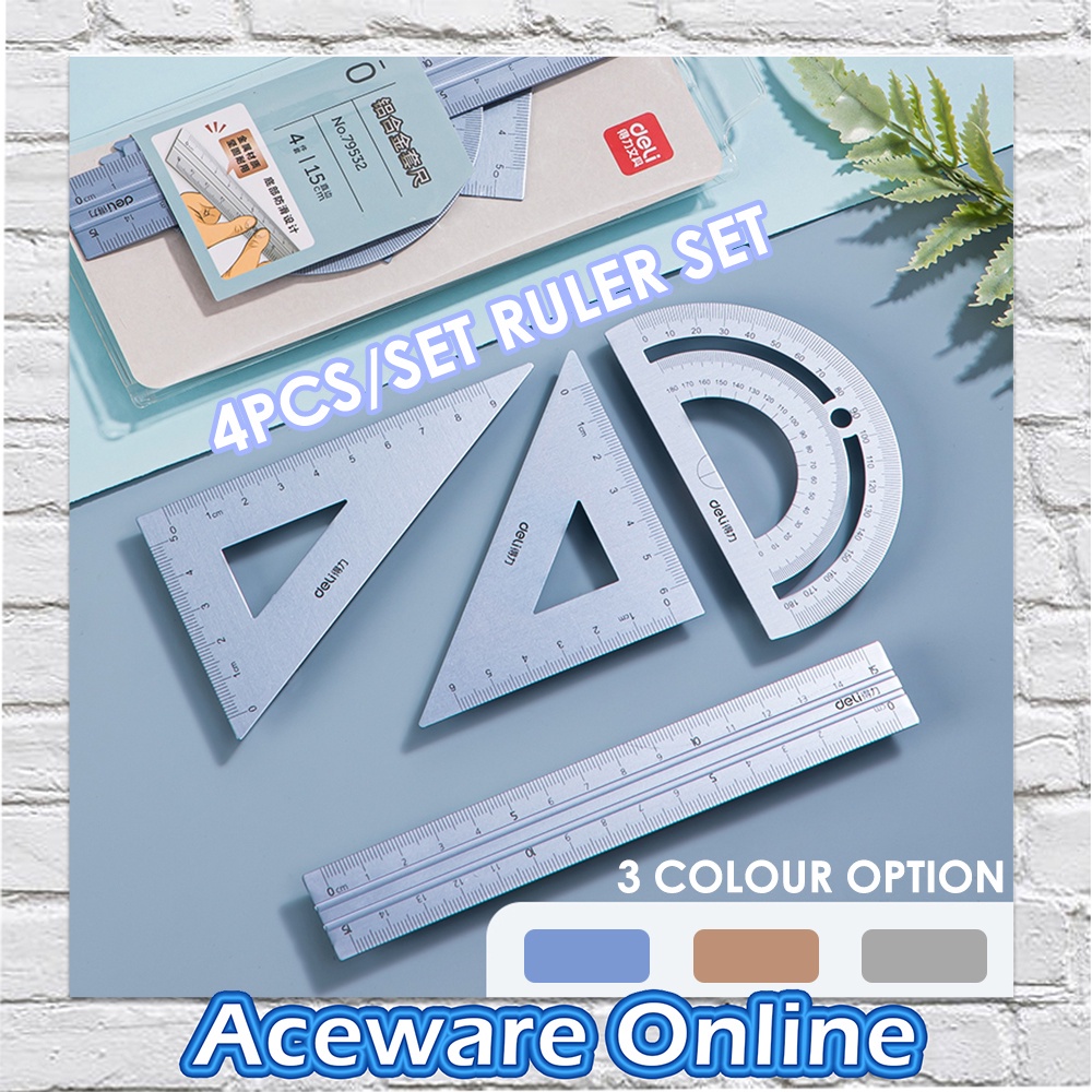 79532 4PCS ALUMINUM RULER SET METAL MEASURING GEOMETRY MATHS DRAWING ...