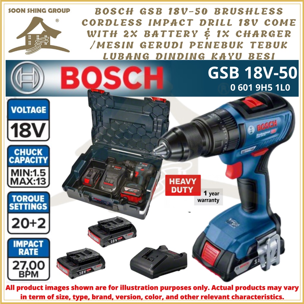 BOSCH GSB 18V-50 BRUSHLESS CORDLESS IMPACT DRILL 2x BATTERY 1x CHARGER/MESIN GERUDI PENEBUK ...