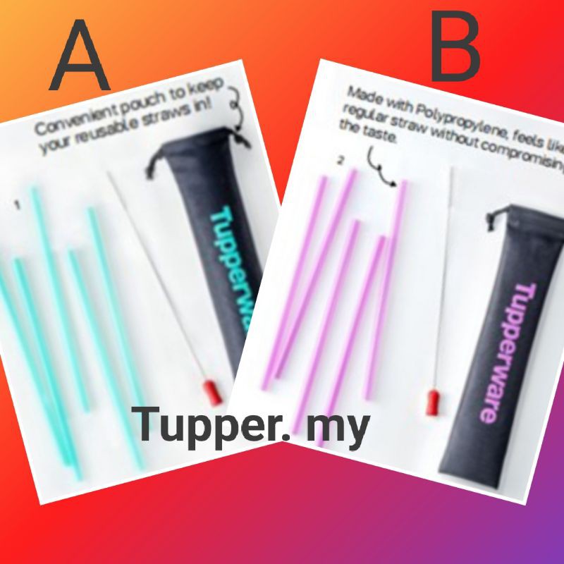 Tupperware Go Eco Straw(5) with Brush(1) and Pouch (1)- Green or Purple ...