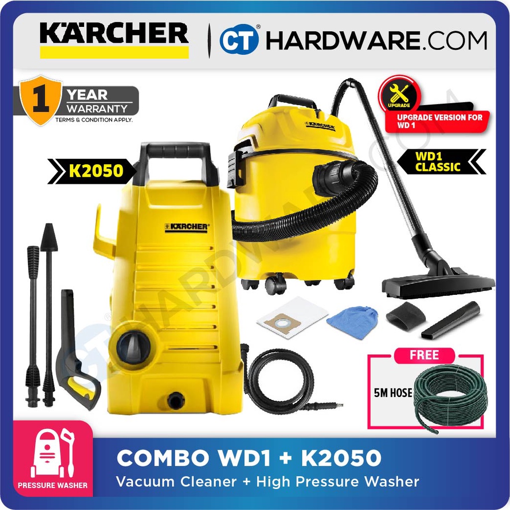 KARCHER WD1CLASSIC MULTI-PURPOSE VACUUM CLEANER 180AIRWATT & K2050 HIGH PRESSURE WASHER 100BAR ...