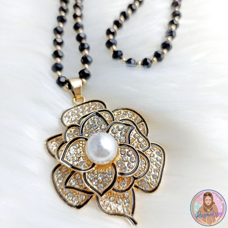 LZ Rantai Manik Bunga Labuh Perempuan Long Necklace Hitam Bead Big ...