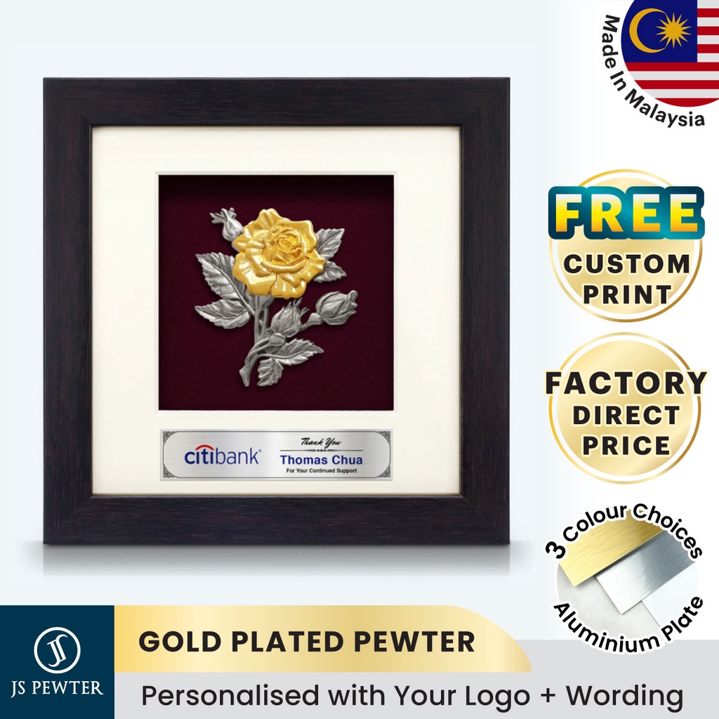 (JS Pewter) Rose Flower | Gold Plated Pewter | 6" x 6" Solid Frame ...