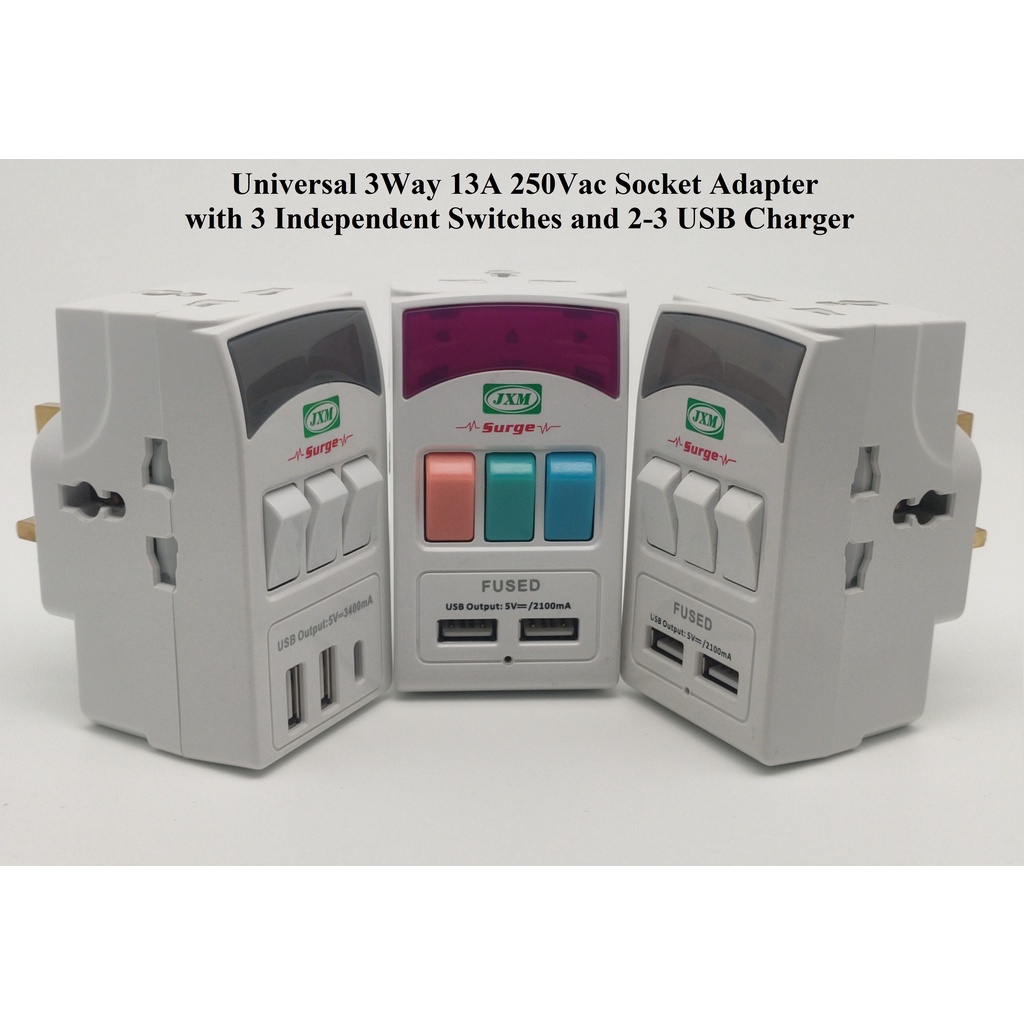 【New Type C USB Design】JXM 3Way 13A 250Vac Plug Socket Adapter with Independent Switches and 2-3 ...