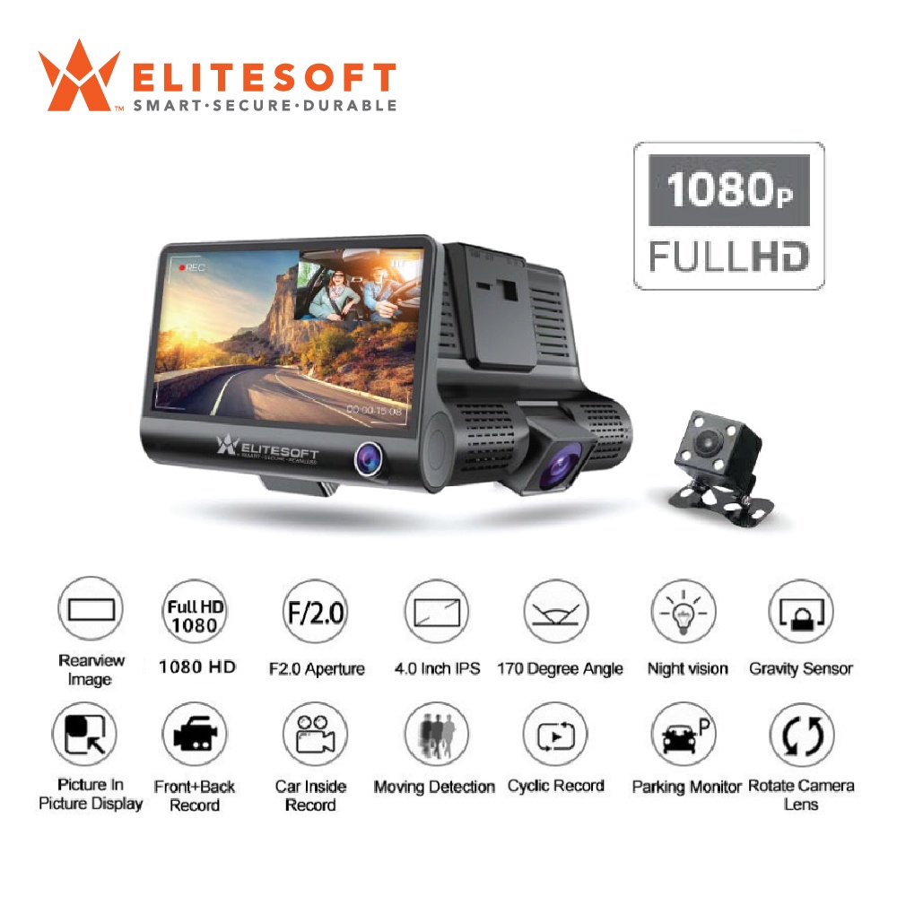 Elitesoft 3 in 1 Dash Cam Car Camera DVR HD 1080P 170 Wide Angle Cycle ...