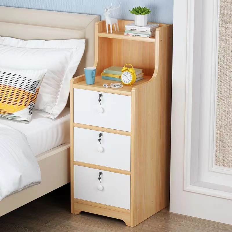 Solid wood multifunctional bedside table simple 3-layer with lock ...