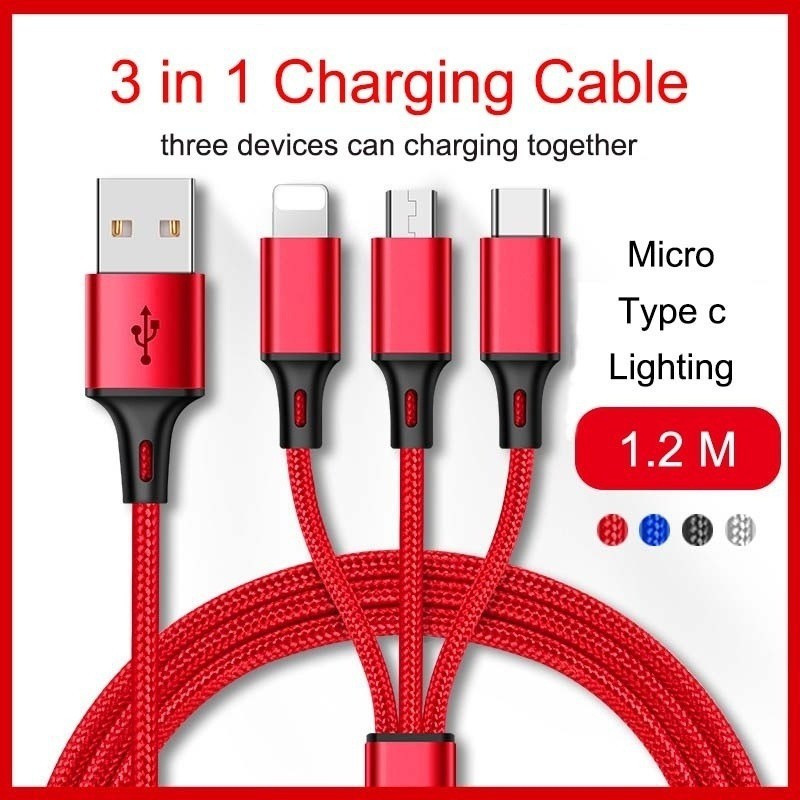 🔥 Three In One 1.2M Charging Data Cable 2.4A iPhon3 + Micro USB + Type ...