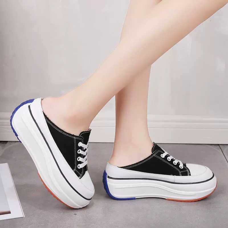 Korean Style Canvas Half Slippers Women's Baotou Thick-Soled ...