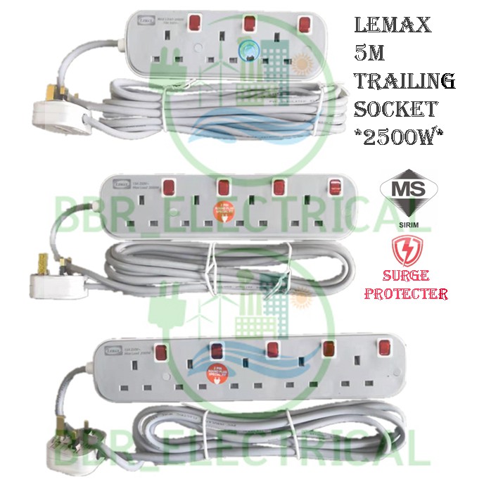 LEMAX 2000W 5METER TRAILING SOCKET EXTENSION PLUG *SURGE PROTECTER ...