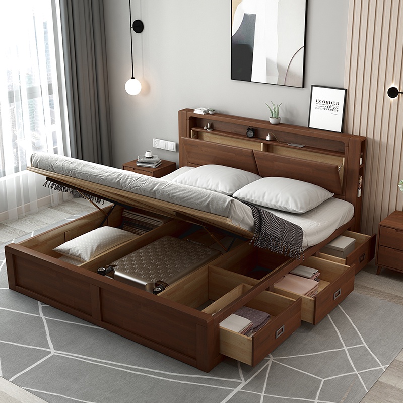 Nordic Solid Wood Bed Air Pressure High Box Storage Bed 1.5 1.8m Modern ...