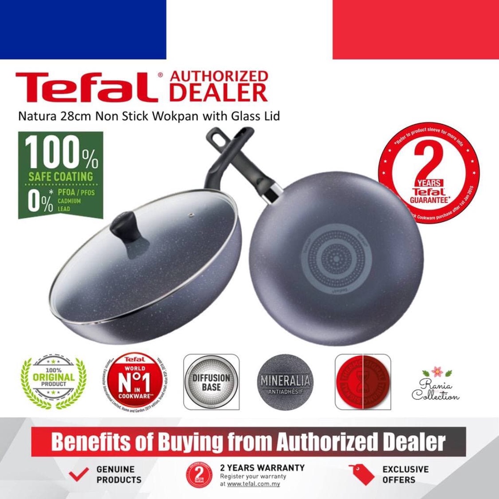 Tefal Natura 32cm Non Stick Wokpan + Glass Lid B22694 B2269495 Deep Wok Stir Fry Pan Pot Kuali ...