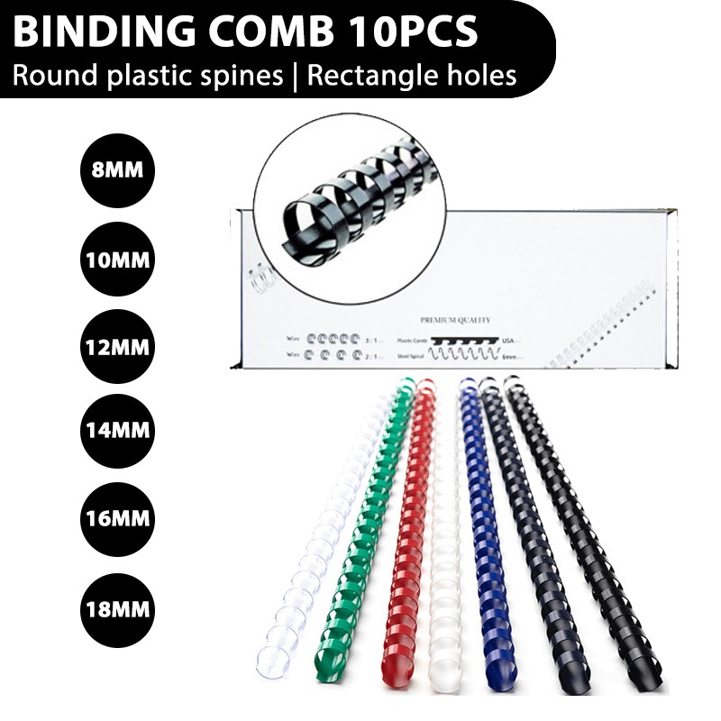 Plastic Binding Comb 10 PCS Set Black & Colour (8 // 10 // 12 // 14 ...