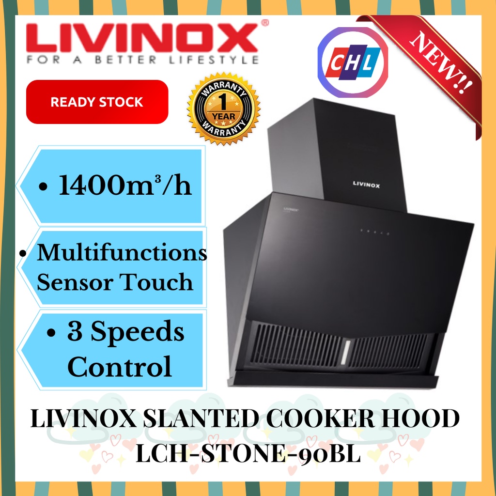 LIVINOX SLANTED COOKER HOOD (1400M3/H) LCH-STONE-90BL( cut out:900mm x ...