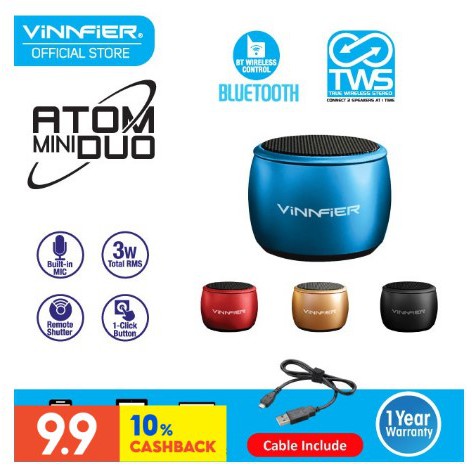 Vinnfier Atom Mini Duo Bluetooth Portable Speaker with Wireless Stereo ...
