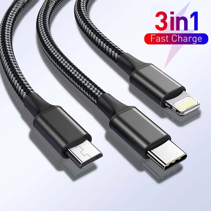 100W 6A Super Fast Charging 3 in 1 Cable Micro USB Type-C IOS for iP ...