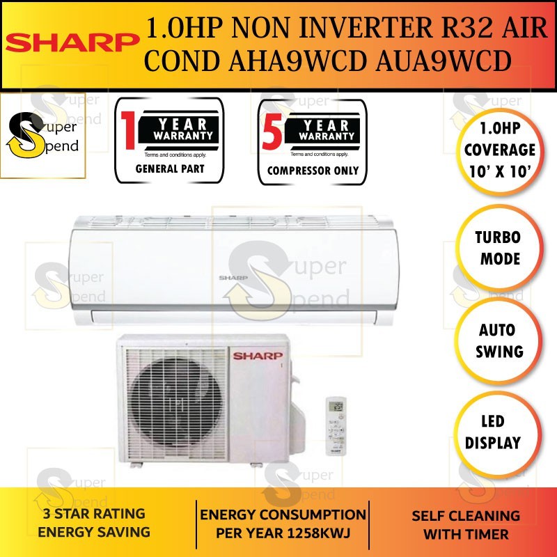 [ 1HP ] Sharp Non Inverter R32 Air Cond Conditioner AHA9WCD AUA9WCD (1 ...