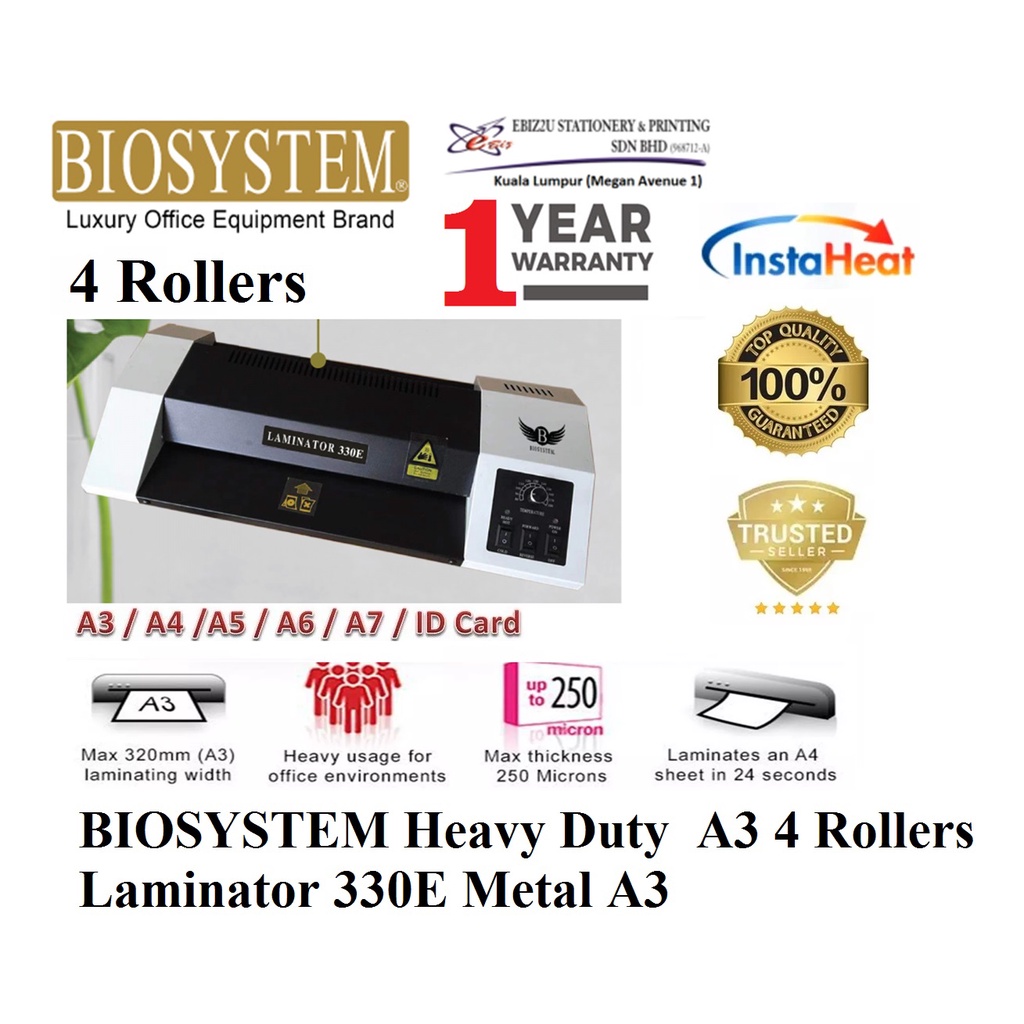 BIOSYSTEM Heavy Duty A3 4 Roller Laminator 330E Metal A3 (Laminator ...