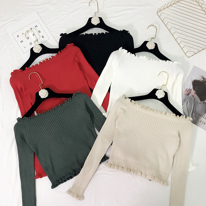 🔥 READY STOCK 🔥 Korean Slim fit Long Sleeve Knit Shirt Off-Shoulder Top ...