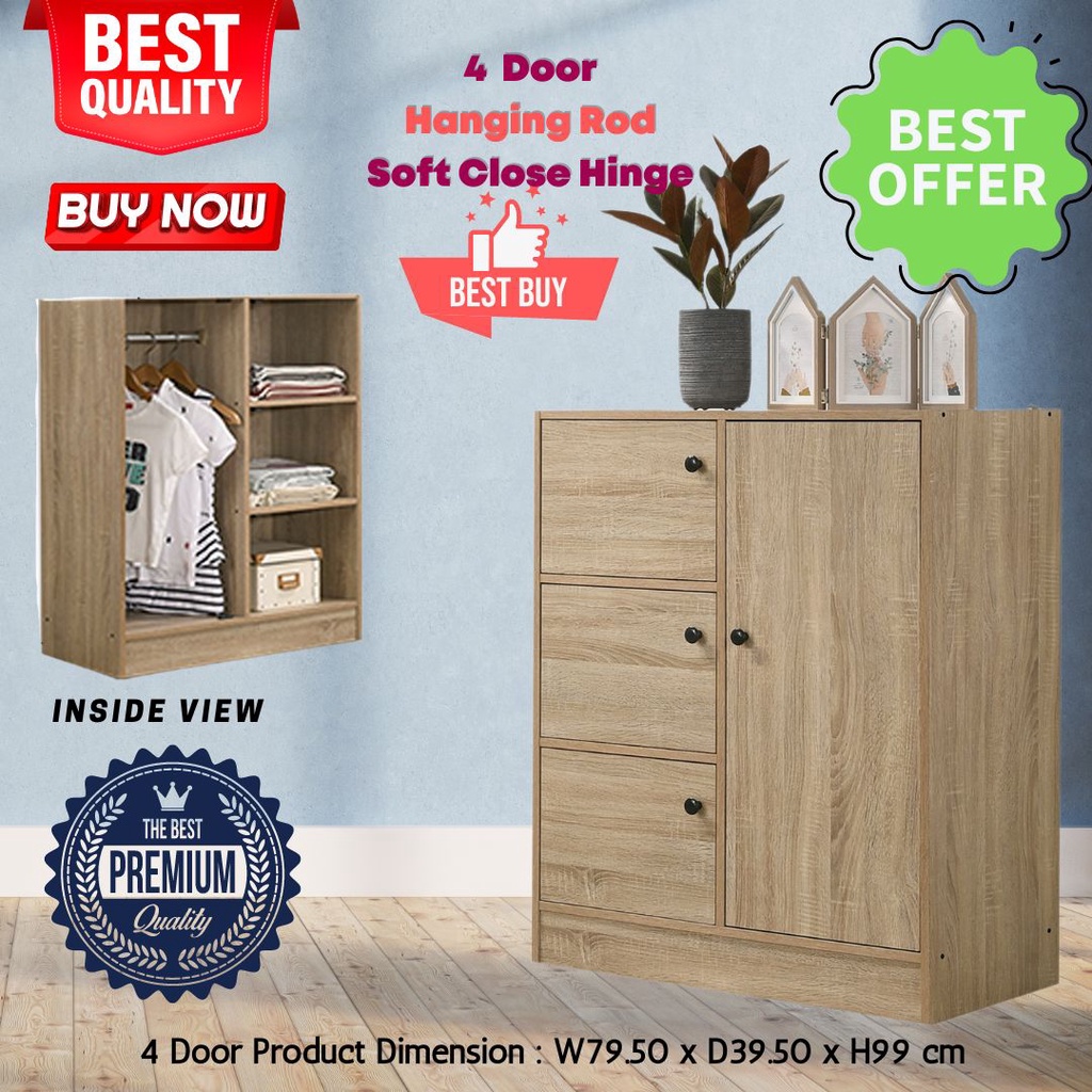 Wooden Children Wardrobe Clothes 4 Door Rak Baju Kabinet Kayu Almari ...