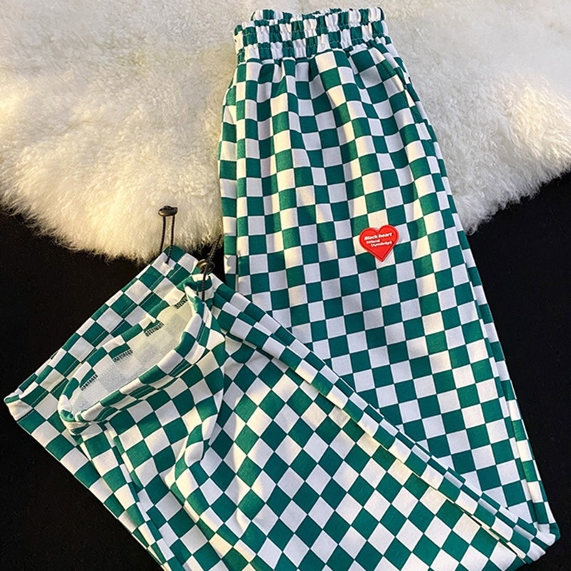 American Checkerboard Vintage Pants Unisex High Waist Street Casual ...