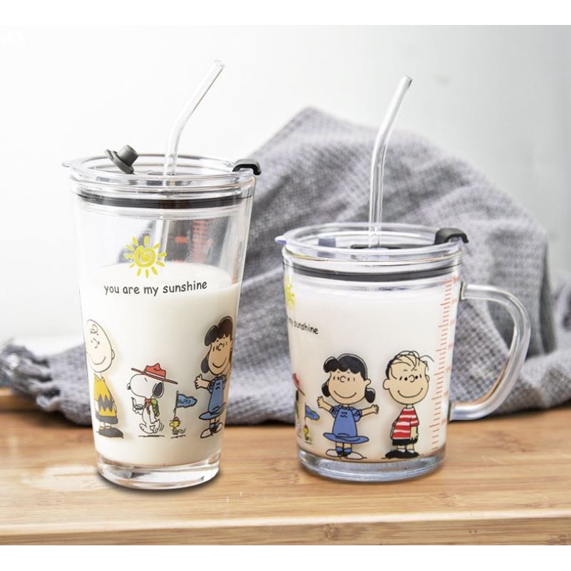 Cute Cup with Straw Cartoon Snoopy Good Quality Glass Mug with Cover ...
