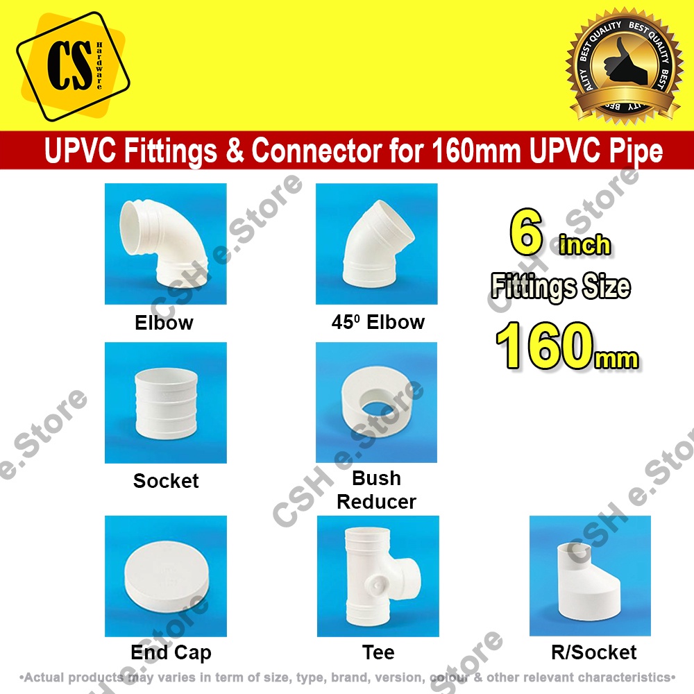 UPVC Fitting Connector Sambungan Paip Putih 160mm Elbow 45 Elbow Tee Socket End Cap Bush R ...