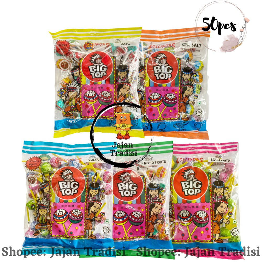 BIG TOP LOLLIPOP MIXED FRUIT/ SOUR /SEA SALT/ SPICY/MILK 50PCS | Shopee Malaysia