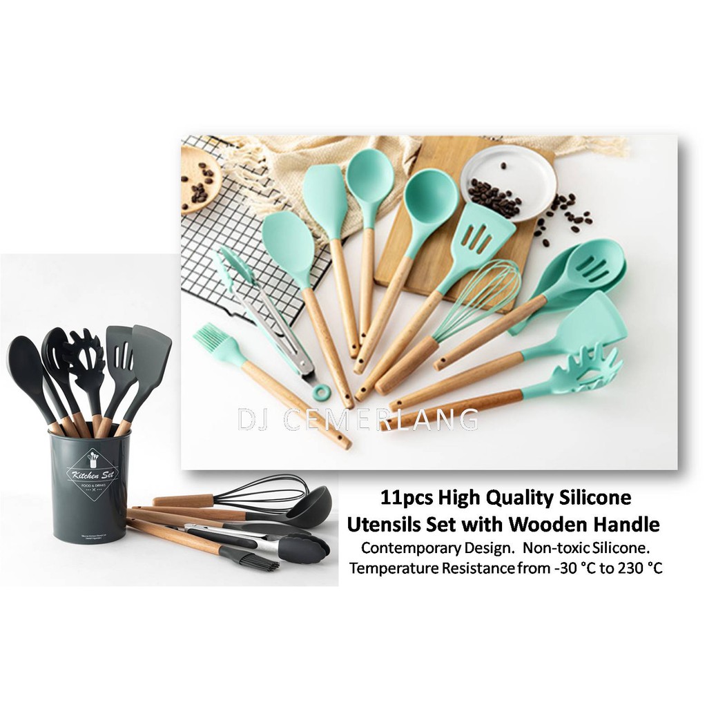 Set Senduk Kitchen Utensil 11pcs Silicone Kitchen Tool Set Wooden ...