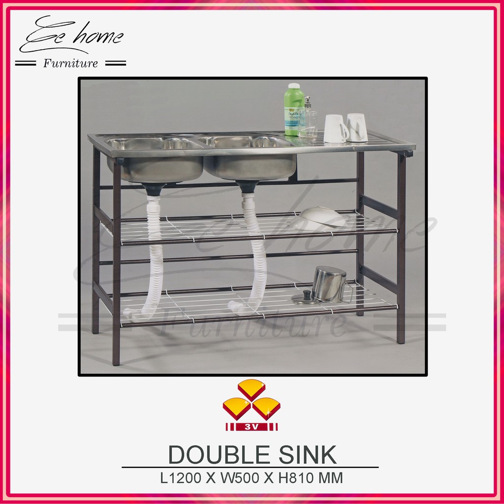 EE HOME Stainless Steel Double Sink With Rack Storage Sinki Dapur ...